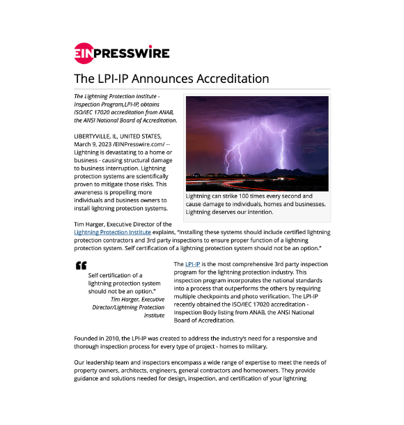 The LPI-IP Announces Accreditation - Lightning Protection Institute